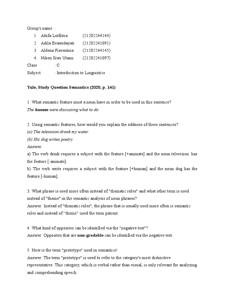 Study Question Semantics Group | PDF | Phrase | Subject (Grammar)