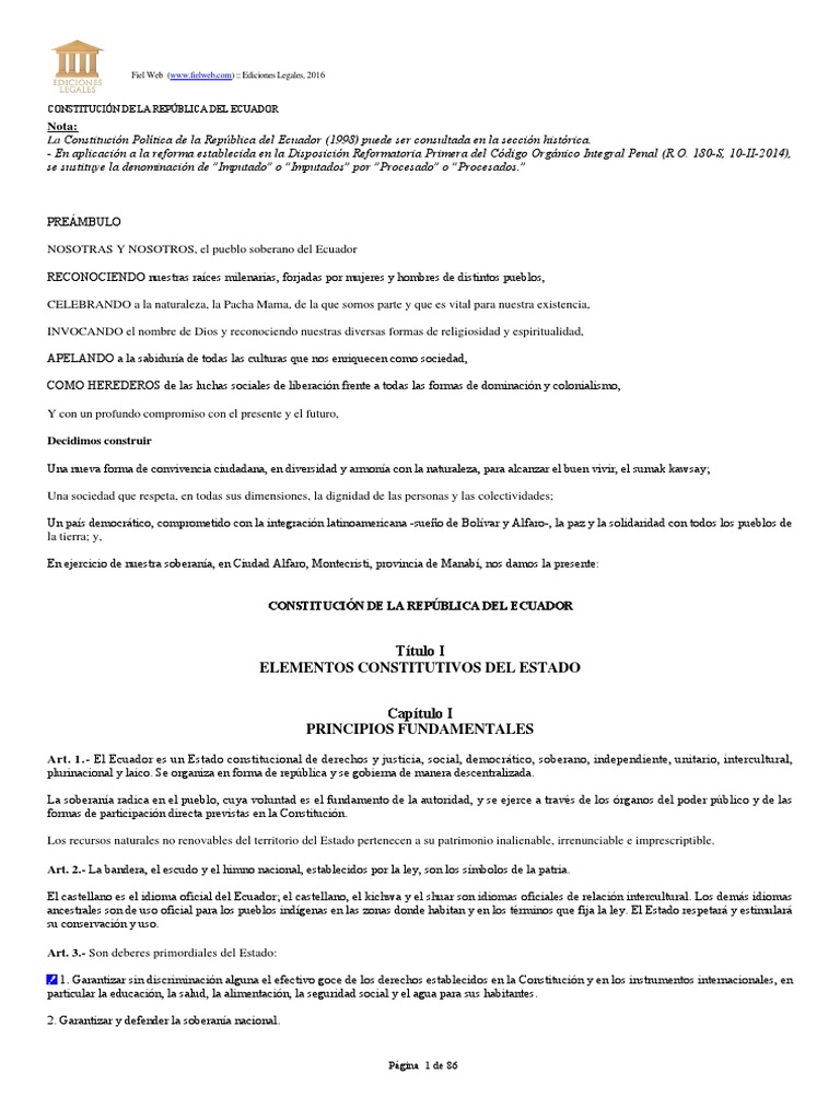 Constitucion De La Republica Del Ecuador Pdf Invalidez Derecho