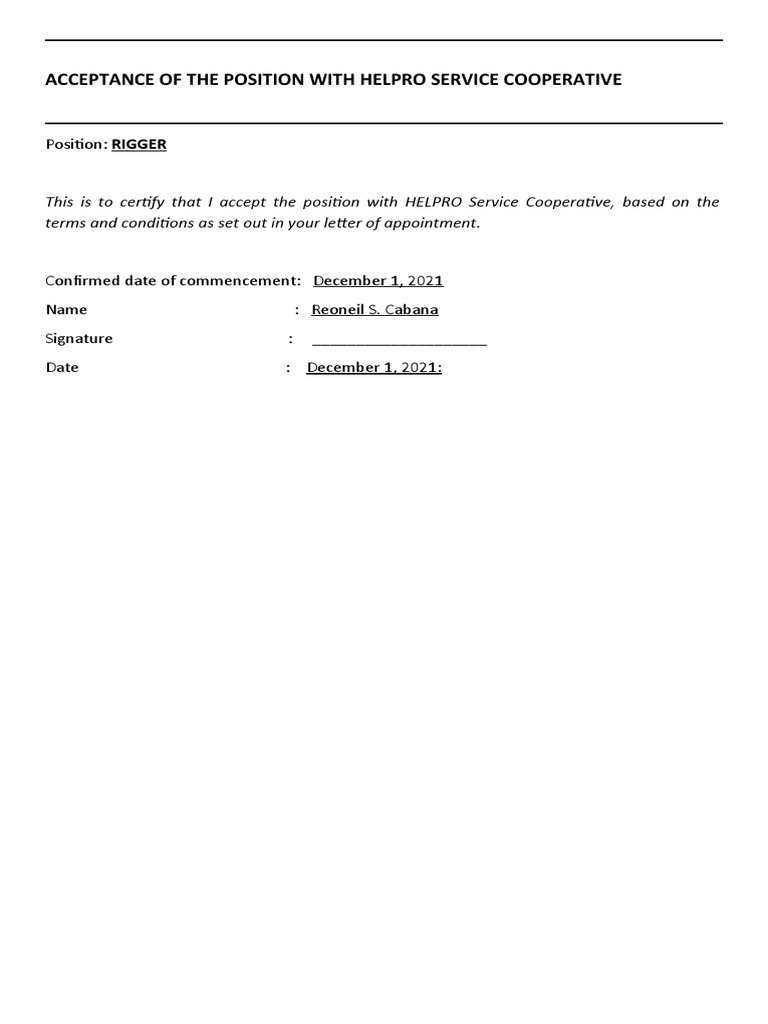Acceptance of The Position With Helpro Service Cooperative | PDF ...