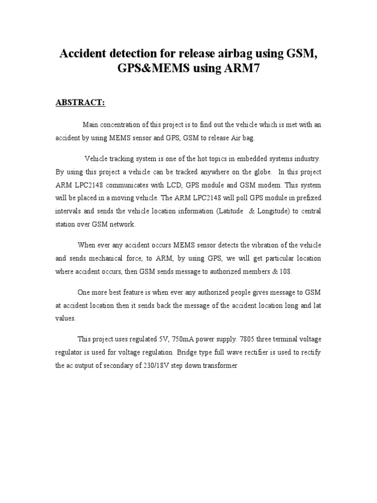 Accident Detection For Release Airbag Using GSM, GPS&MEMS Using ARM7. | PDF | Power Supply ...
