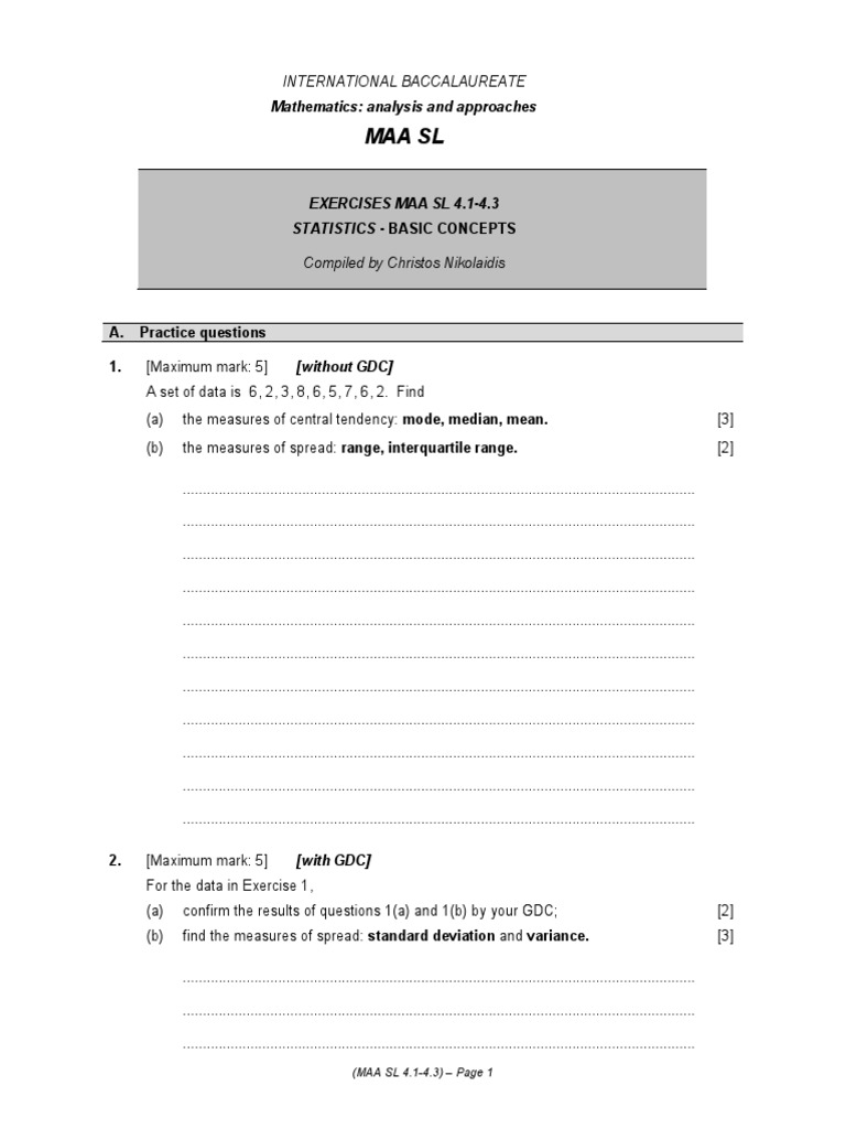 IB MAA SL Statistics Exercises | PDF | Mode (Statistics) | Statistical Analysis