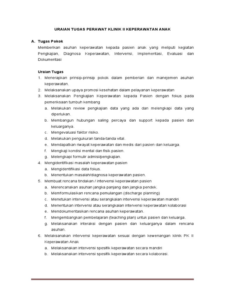 Uraian Tugas Perawat ANAK PK II | PDF | Pengembangan Diri | Kesehatan Holistik
