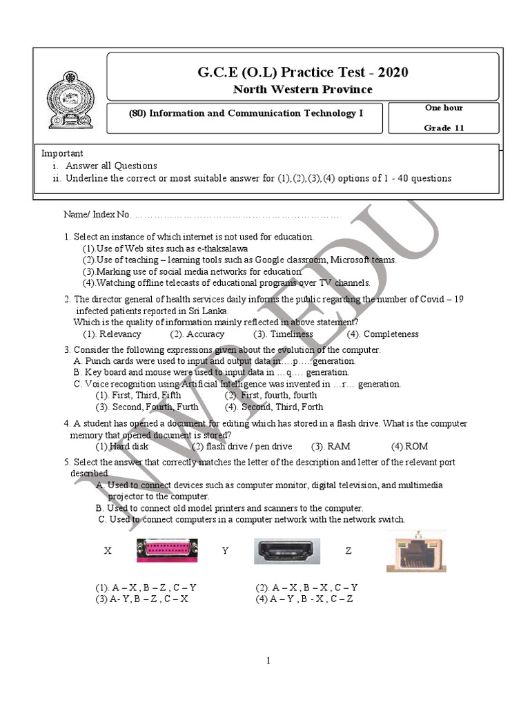 G.C.E (O.L) Practice Test - 2020: North Western Province | PDF ...