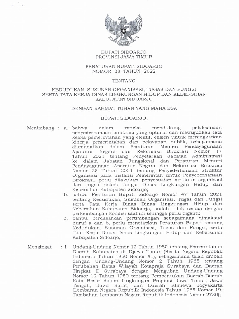 Perbup Sidoarjo Nomor 28 Tahun 2022 Tentang SOTK | PDF