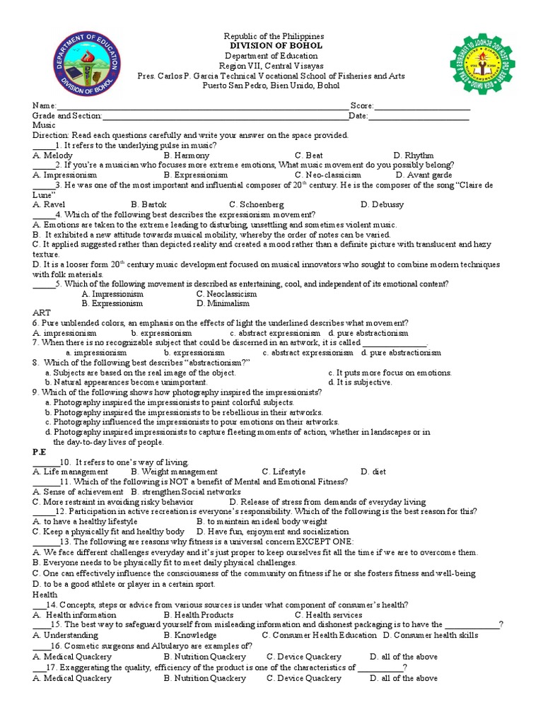 MAPEH 1st Quarter Exam | PDF | Health Professional | Health Care