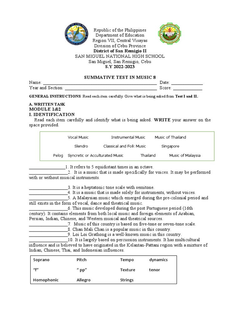 Music 8 Summative Test Guide | PDF | Scale (Music) | Musical Compositions
