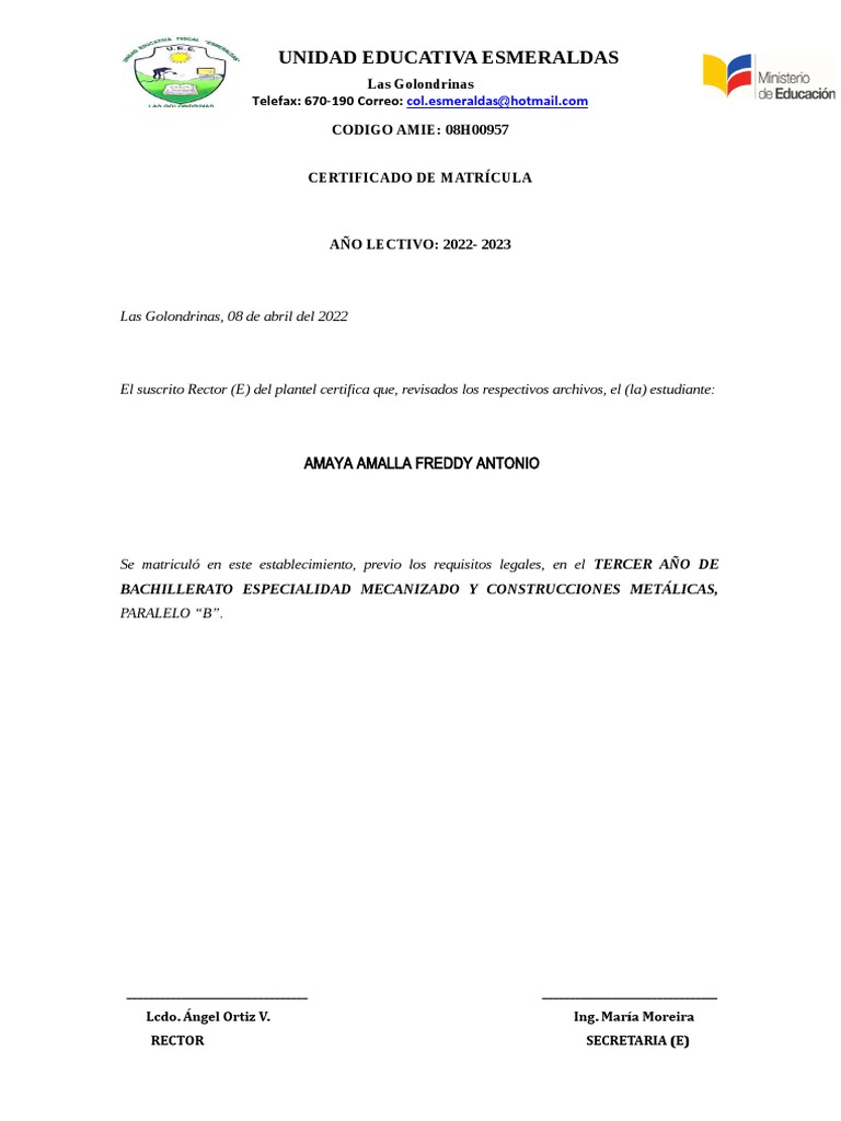Certificados de Matrícula 2022-2023 | PDF | Crecimiento personal y ...