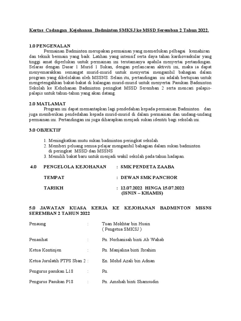 Kertas Cadangan Kejohanan Badminton SMKSJ Ke MSSD Seremban 2 Tahun 2022 ...