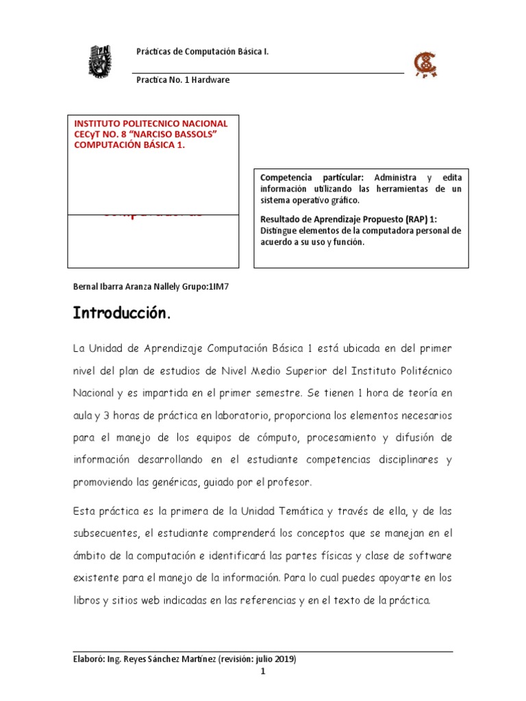 Práctica No. 1. Hardware. Arquitectura de Computadoras: Introducción | PDF | Hardware de la ...