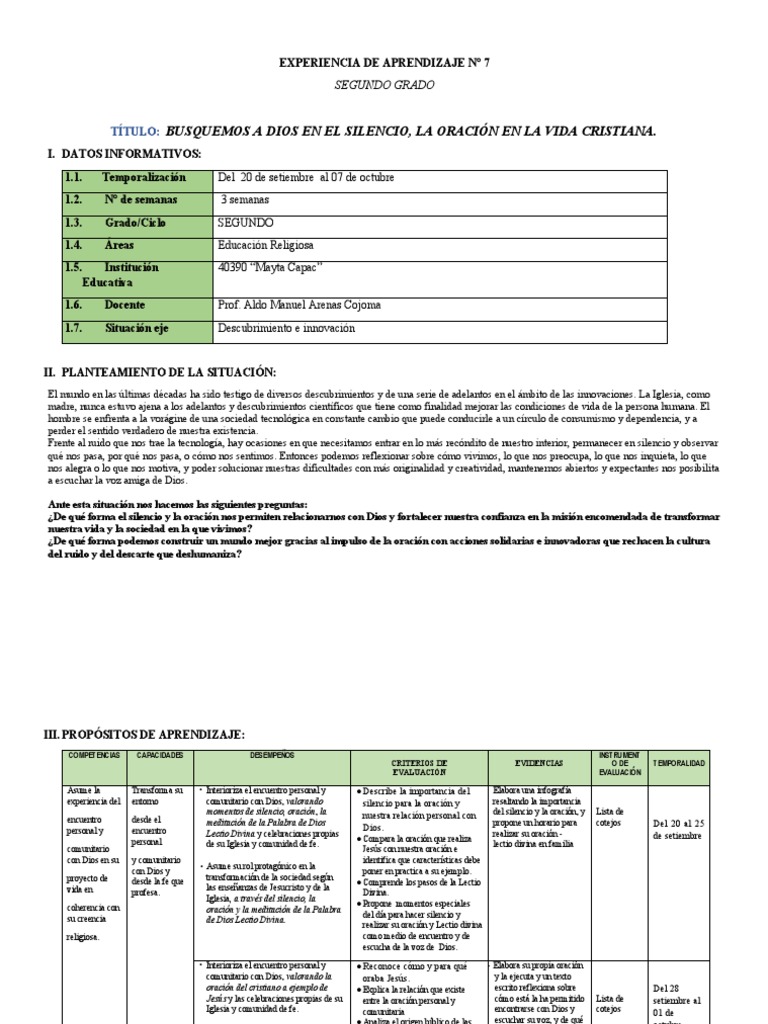 Experiencia de Aprendizaje N°7 - Segundo | PDF | Oración | Lectio Divina