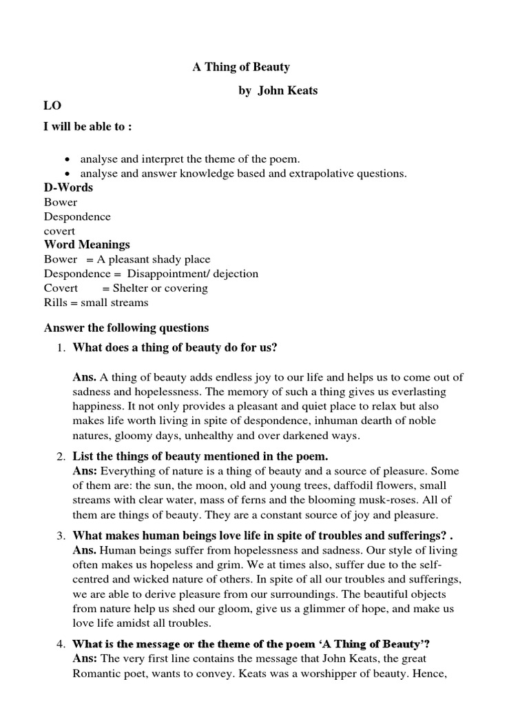 Insights on "A Thing of Beauty" | PDF | Beauty | John Keats
