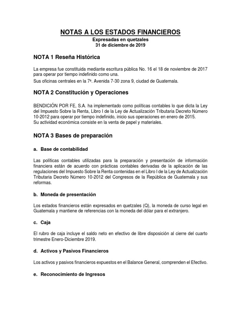 Ejemplo Notas A Los EEFF | PDF | Contabilidad | Economias