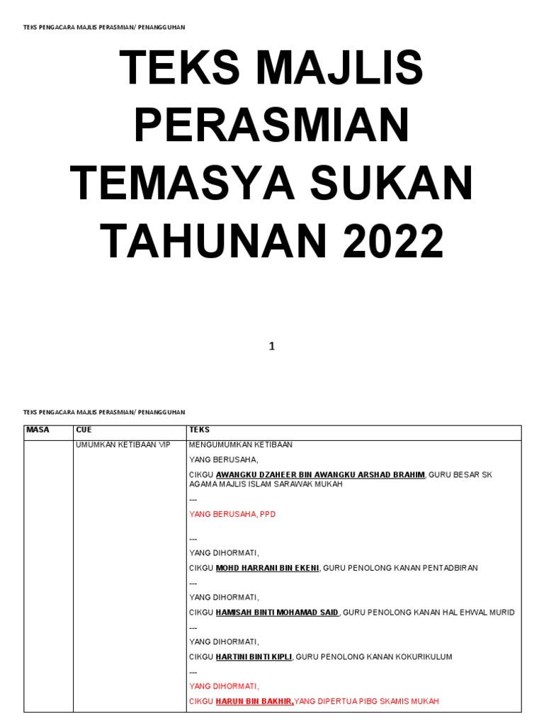 Teks Perasmian Dan Penutupan Temasya Sukan | PDF