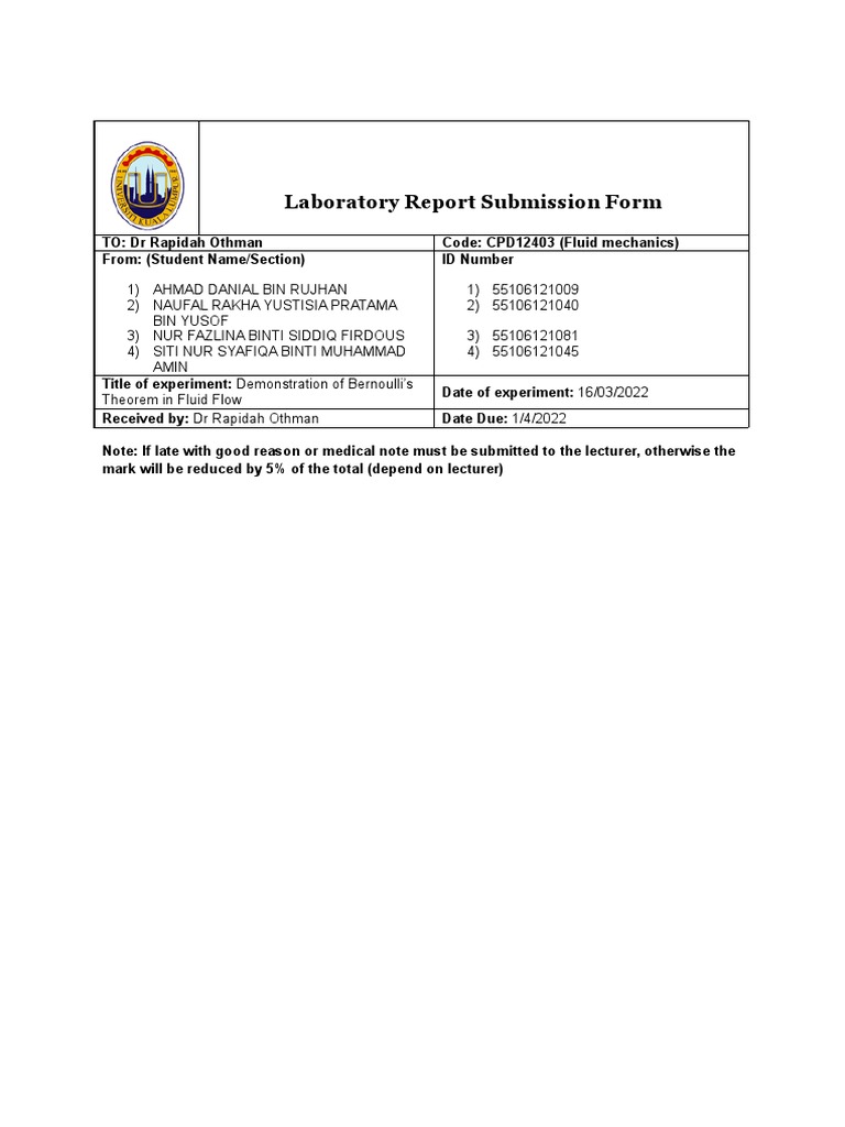 LAB REPORT - Fluid Mech Exp 1 | PDF | Fluid Dynamics | Pressure