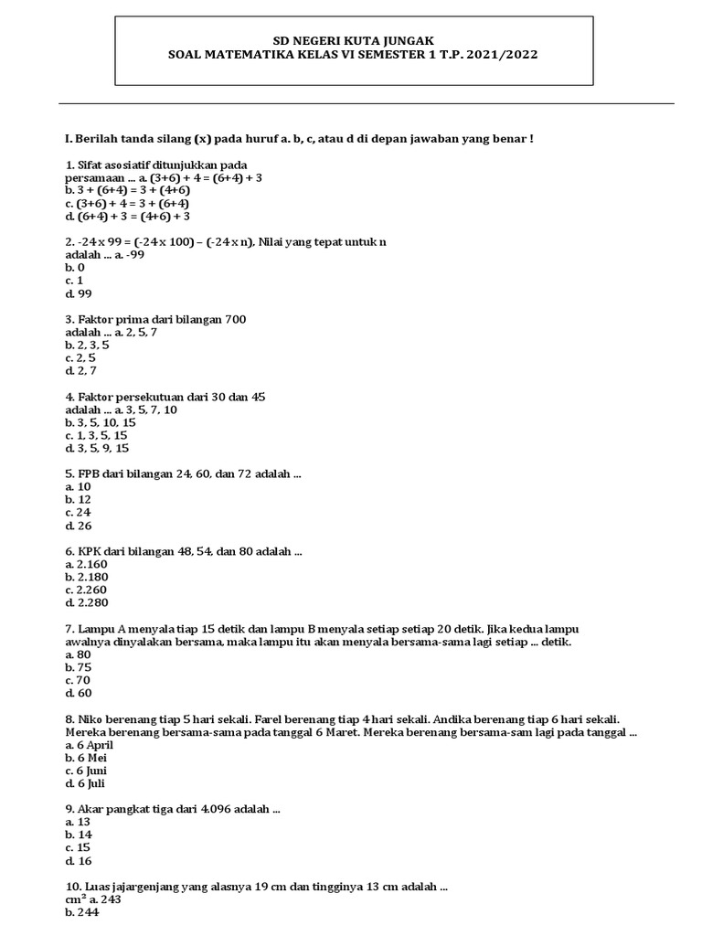 Soal UAS Matematika Kelas 6 Semester 1 | PDF | Metode & Bahan Ajar | Griya & Taman