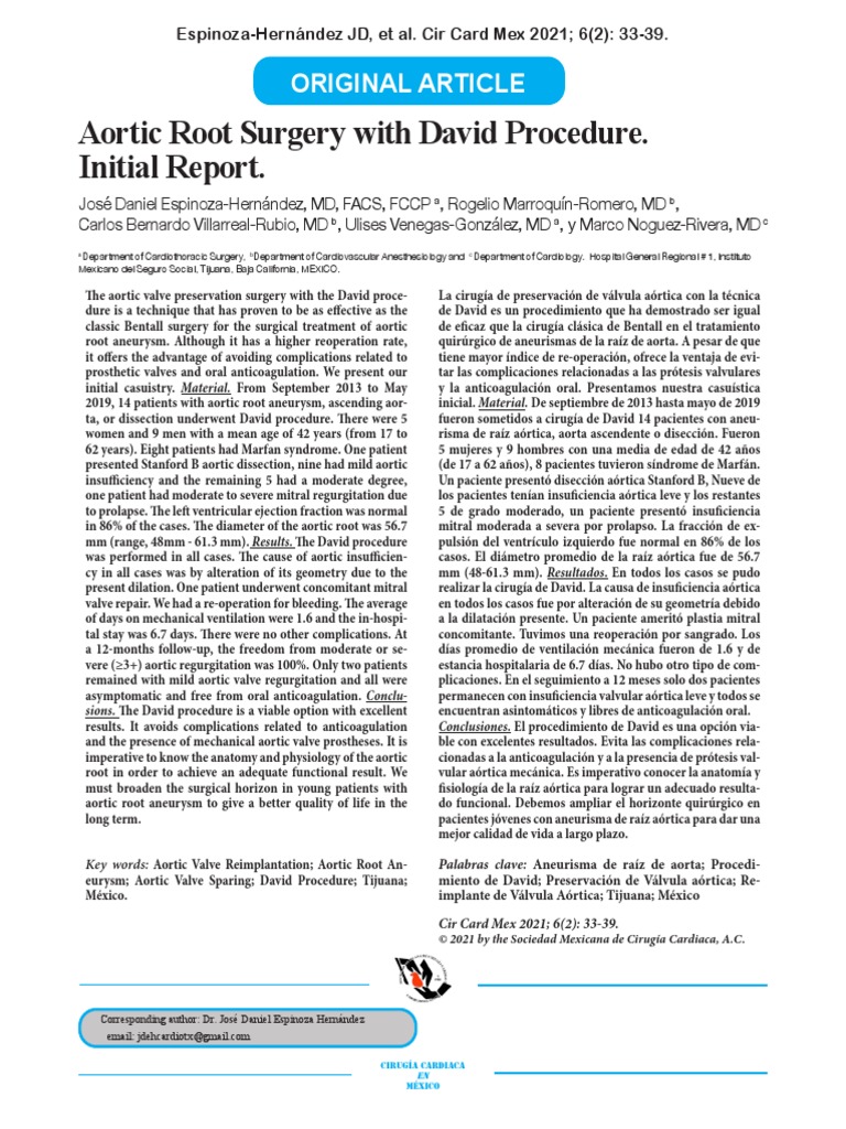 Aortic Root Surgery With David Procedure-Initial Report. | PDF ...