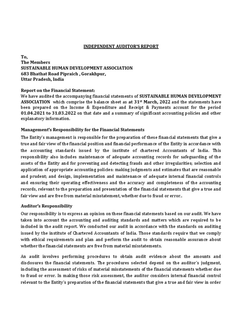 Audit Report in Case of Non Statutionry and Non Profit Org | PDF ...