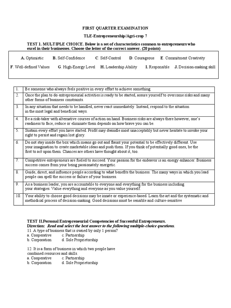 TLE-Entrep 7 Ist Quarter Exam - Edited | PDF | Entrepreneurship | Water