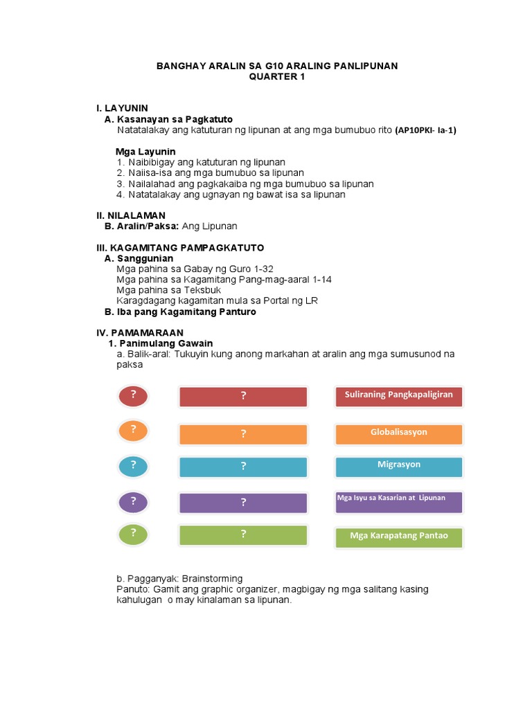 Banghay Aralin Sa G10 Araling Panlipunan Quarter 1 I. Layunin A. Kasanayan Sa Pagkatuto | PDF