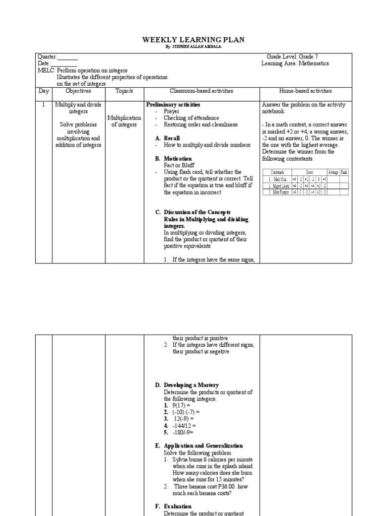 Weekly Learning Plan | PDF | Multiplication | Integer