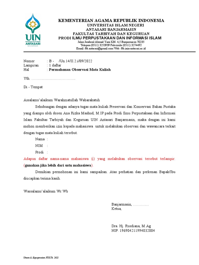 SURAT IZIN OBSERVASI Tugas Mata Kuliah | PDF
