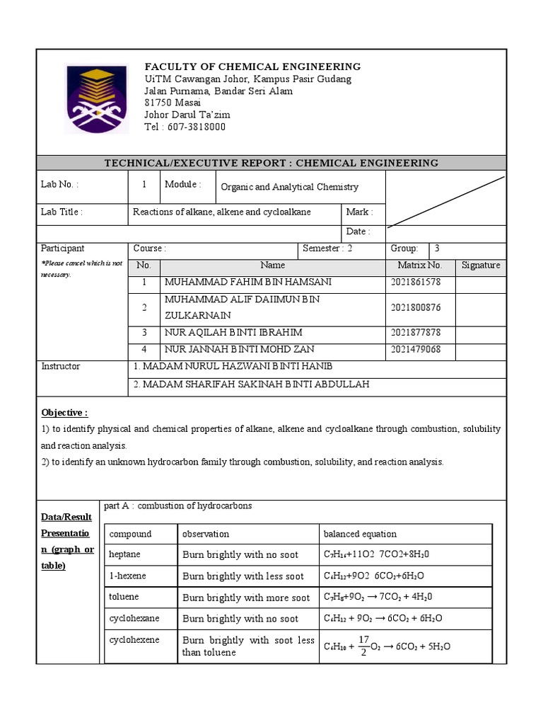 Lab Report Experiment 1 - CHE145 | PDF | Hydrocarbons | Chemical Reactions