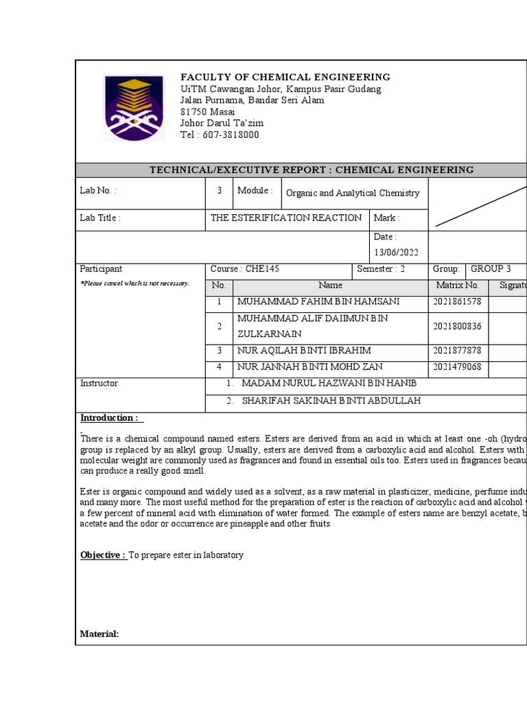 CHEMICAL ENGINEERING LAB REPORT ON ESTERIFICATION REACTION | PDF | Ester | Ethanol