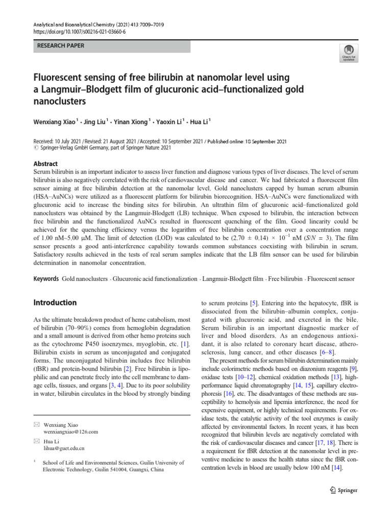 Fluorescent Sensing of Free Bilirubin at Nanomolar Level Using A Langmuir - Blodgett Film of ...