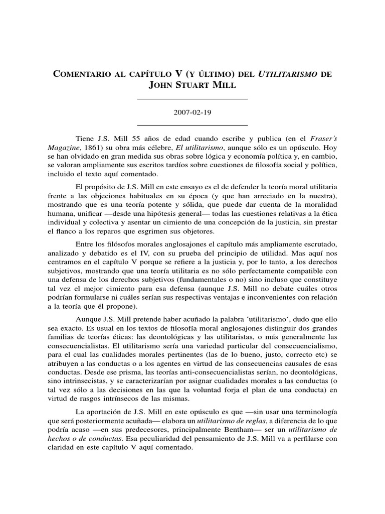 Comentario Al Capitulo V Del Utilitarismo de J.S. Mill | PDF | Justicia | Crimen y violencia