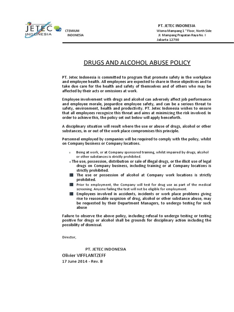 PT. Jetec Indonesia Drug and Alcohol Policy | PDF | Substance Abuse ...