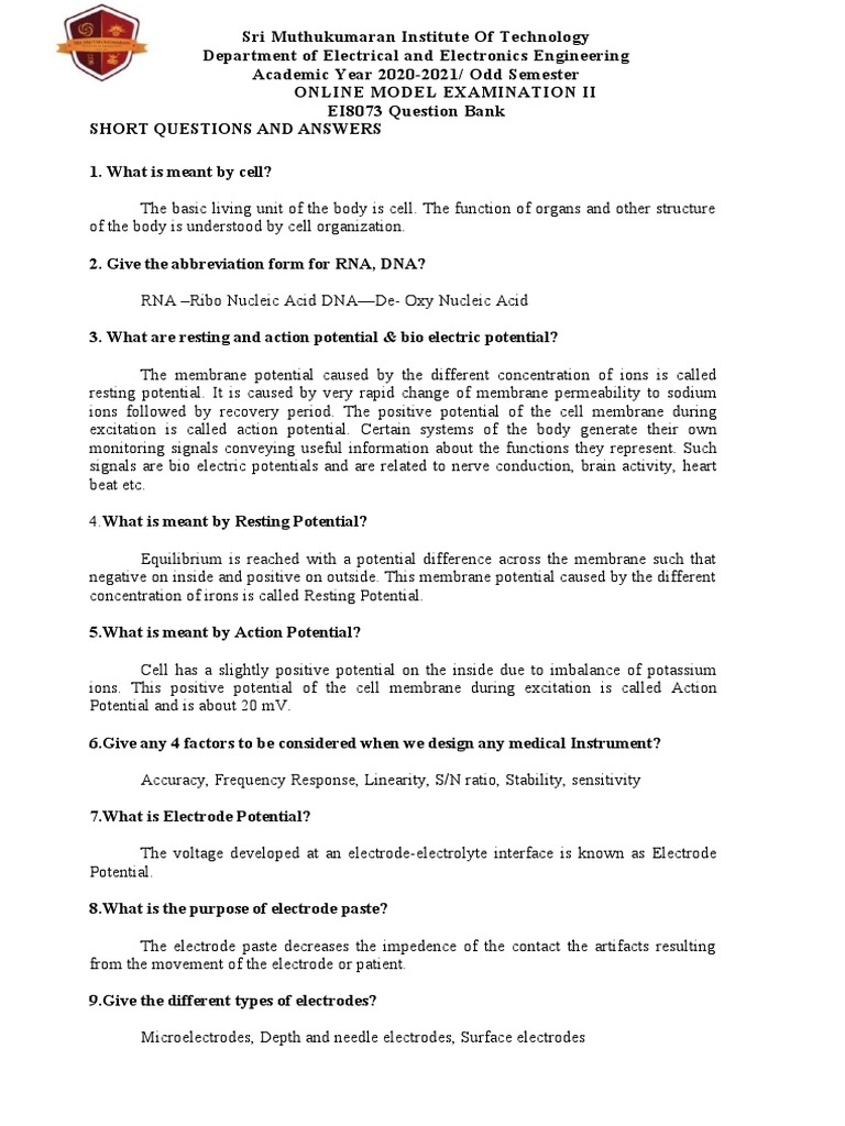 EI8073 BMI QN Bank | PDF | Action Potential | Neuron