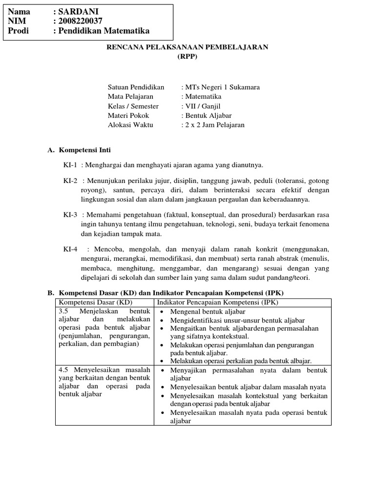 RPP Problem Based Learning Matematika | PDF