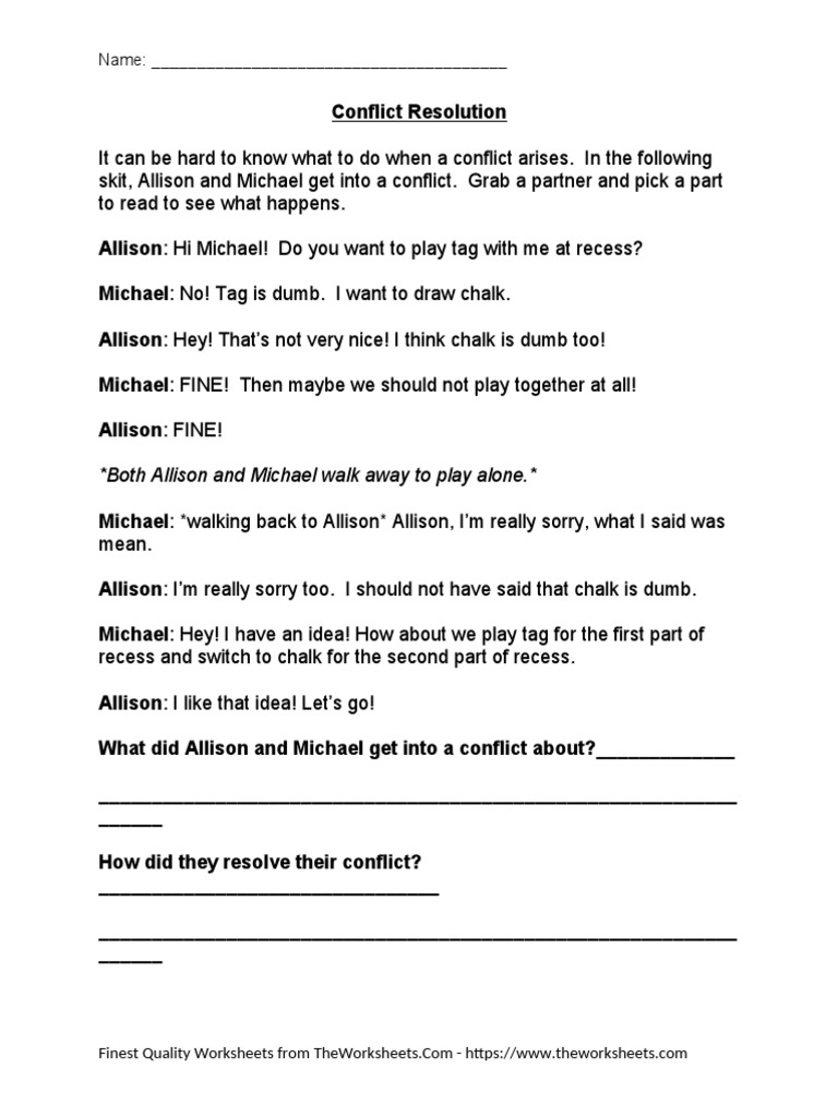 Life Skills Worksheet 8 Conflict Resolution NHES 4.5.3 - Footer | PDF