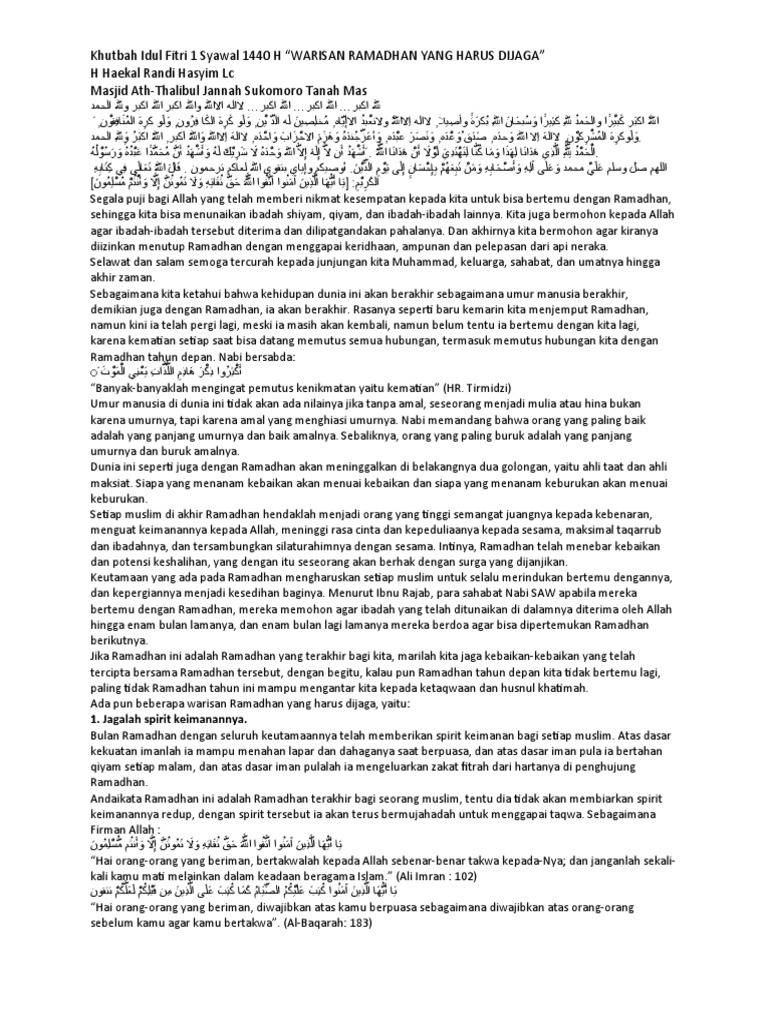Teks Khutbah Idul Fitri 1440 H | PDF