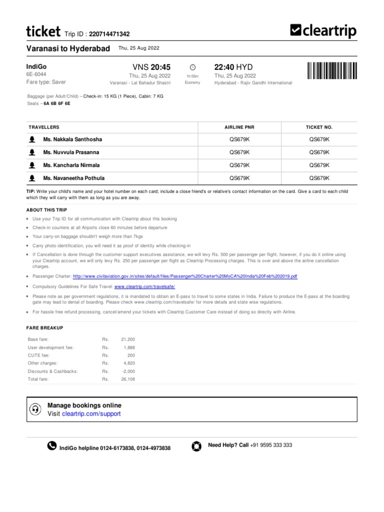 Cleartrip Flight Domestic E-Ticket | PDF | Transport | Aviation