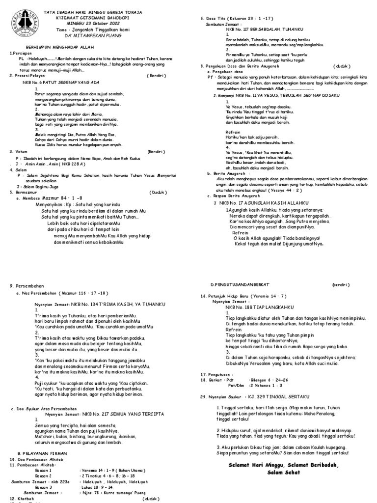 TATA IBADAH HARI MINGGU Liturgi 2, 23 - Oktober 2022 | PDF