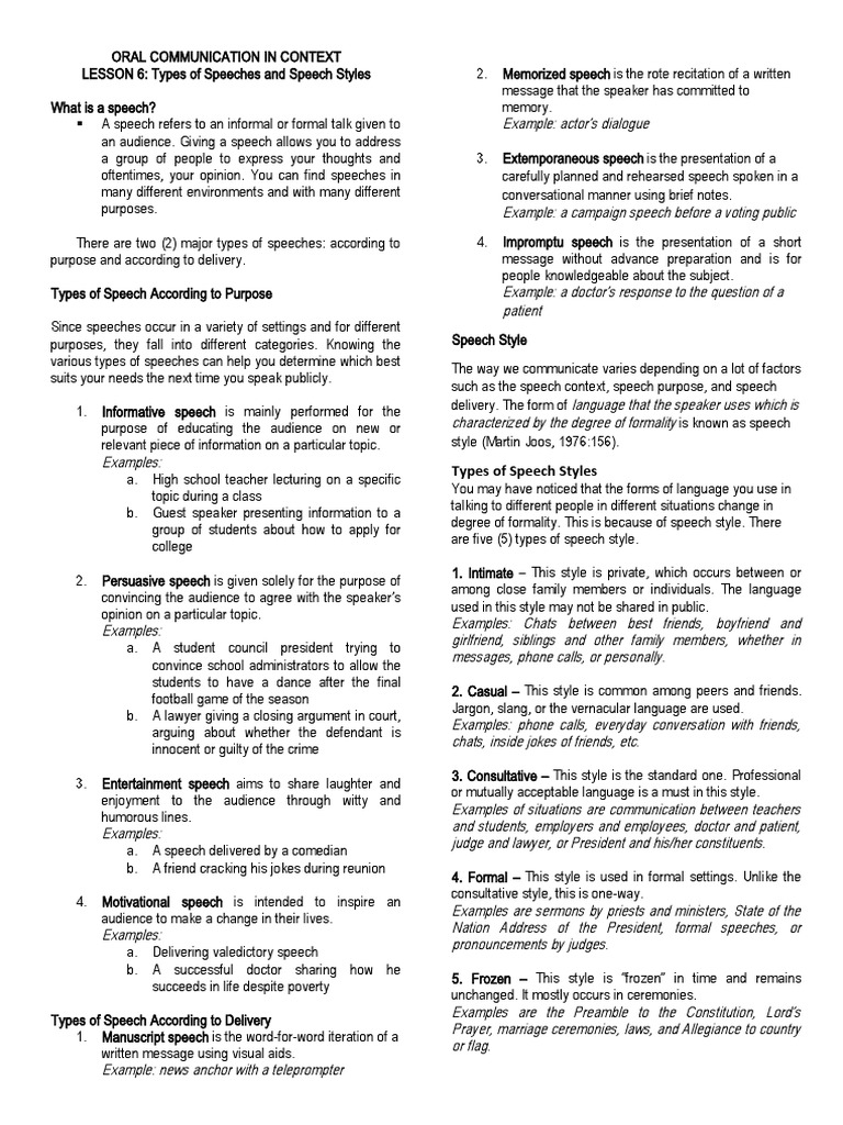 Types of Speeches and Styles Explained | PDF | Speech | Conversation
