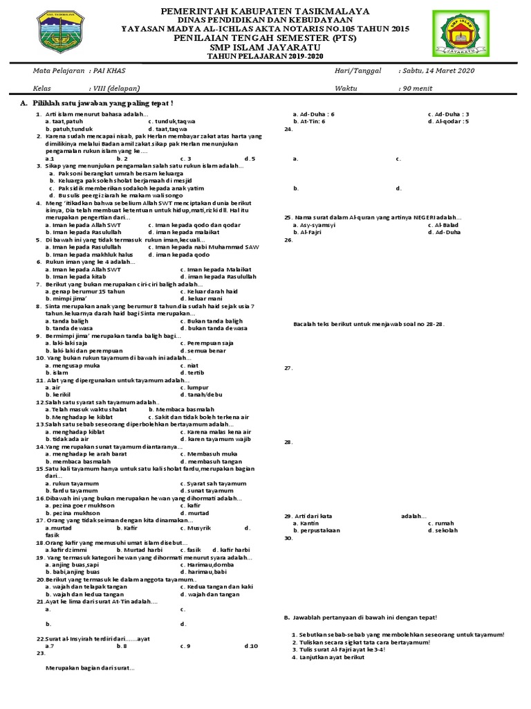 SOAL UTS PAI Khas Kls 8 SMT 2 | PDF