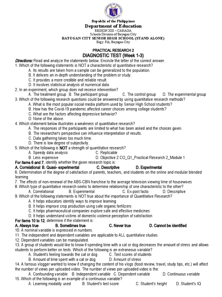 Diagnostic Pre-Test Test PR2 (Week 1-3) | PDF | Experiment ...