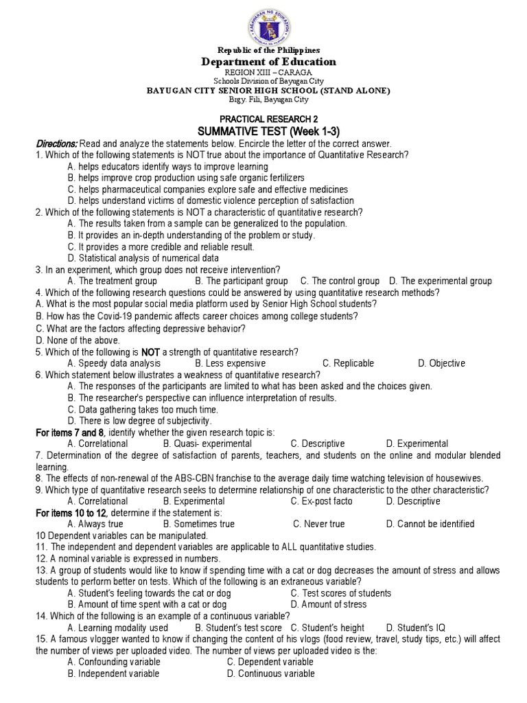 Summative Test: Practical Research 2 | PDF | Experiment | Quantitative ...
