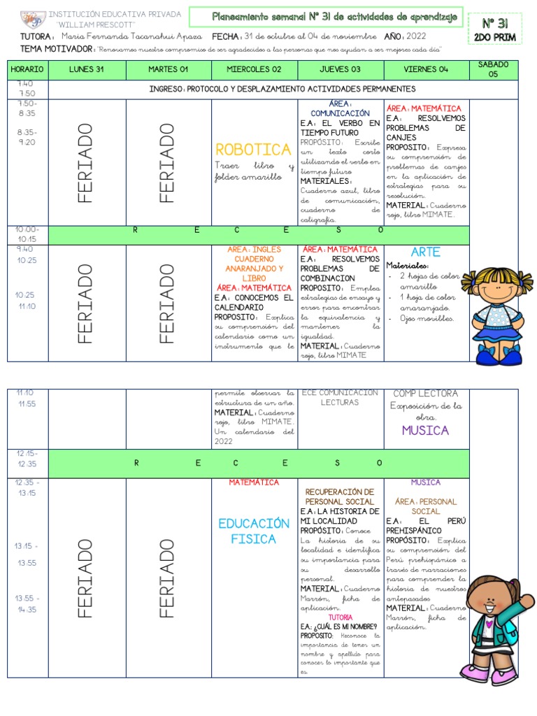 Horario Semanal de Clases 2do Primaria | PDF