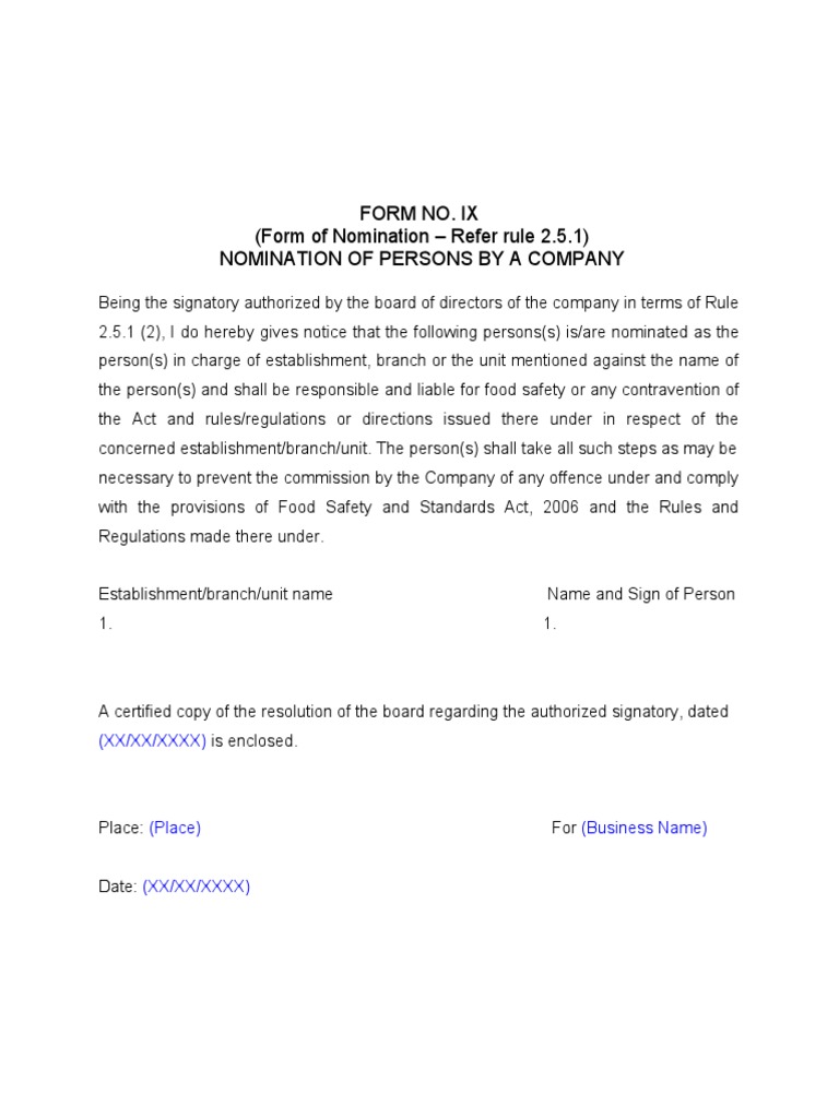 Fssai Nomination Form Ix | PDF