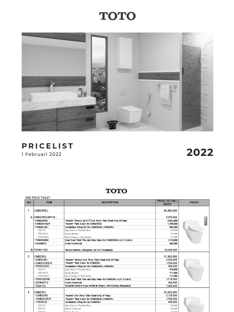 Toto One Piece Toilet Price List | PDF | Valve | Toilet