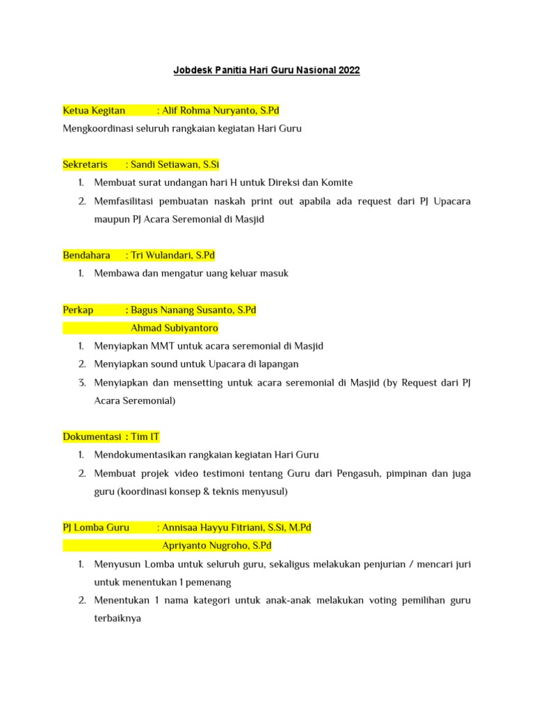 Jobdesk Panitia Hari Guru Nasional 2022 | PDF