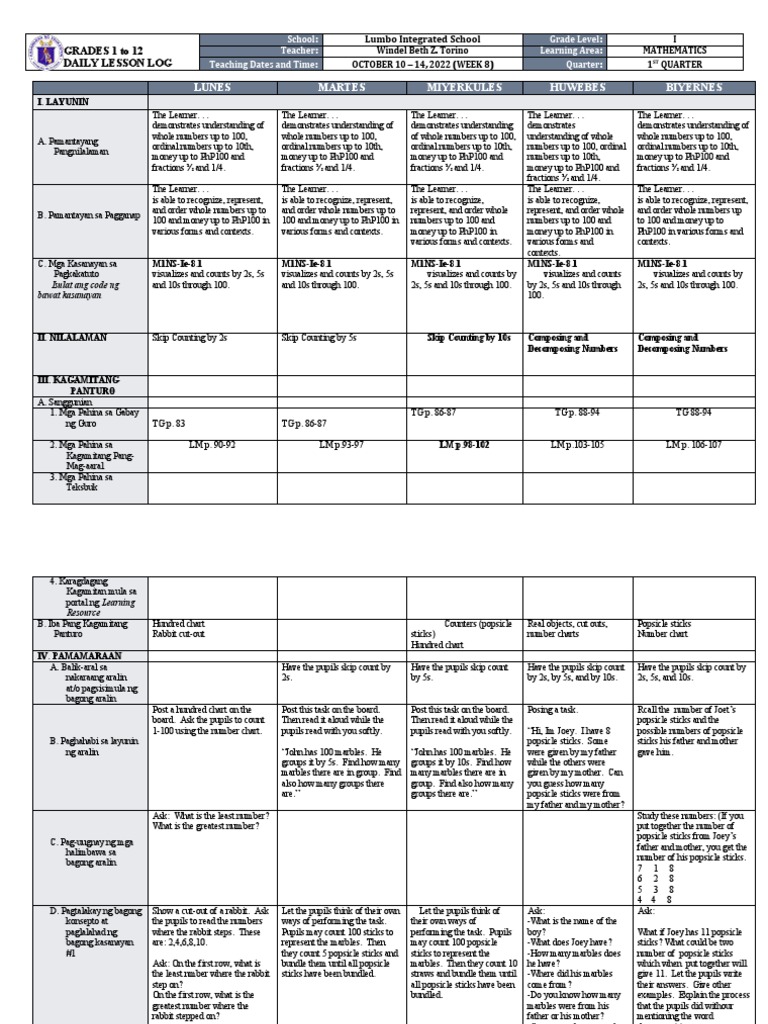 DLL Mathematics 1 q1 w8 | PDF | Learning