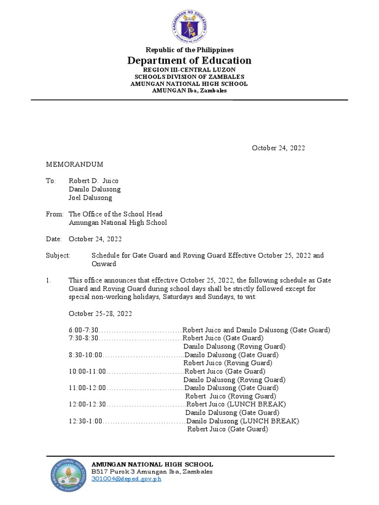 Schedule of Guard | Download Free PDF | Philippines