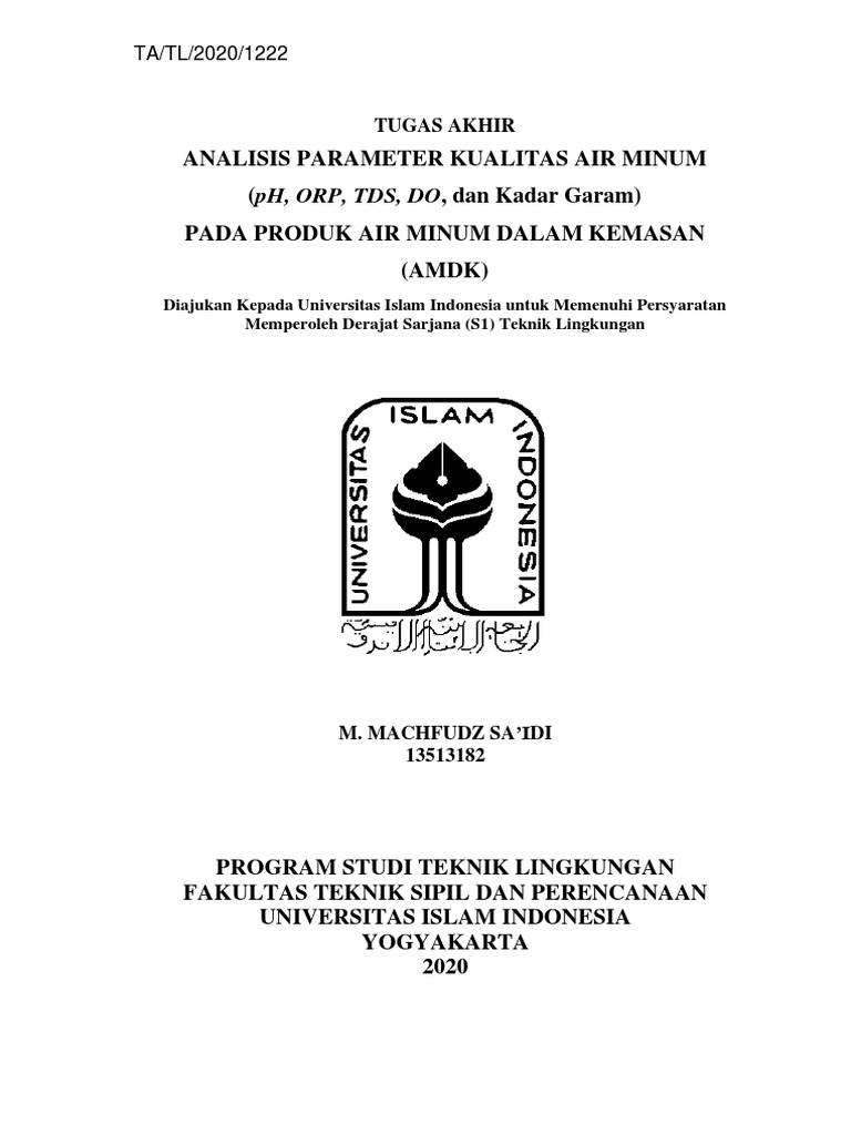 TUGAS AKHIR ANALISIS PARAMETER KUALITAS AIR MINUM (PH, ORP, TDS, DO ...