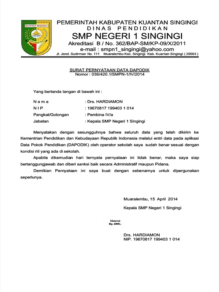 PDF Surat Pernyataan Kebenaran Data Dapodik - Compress | PDF