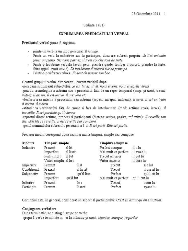 Gramatica franceză: Predicatul verbal și nominal | PDF | Verbe ...