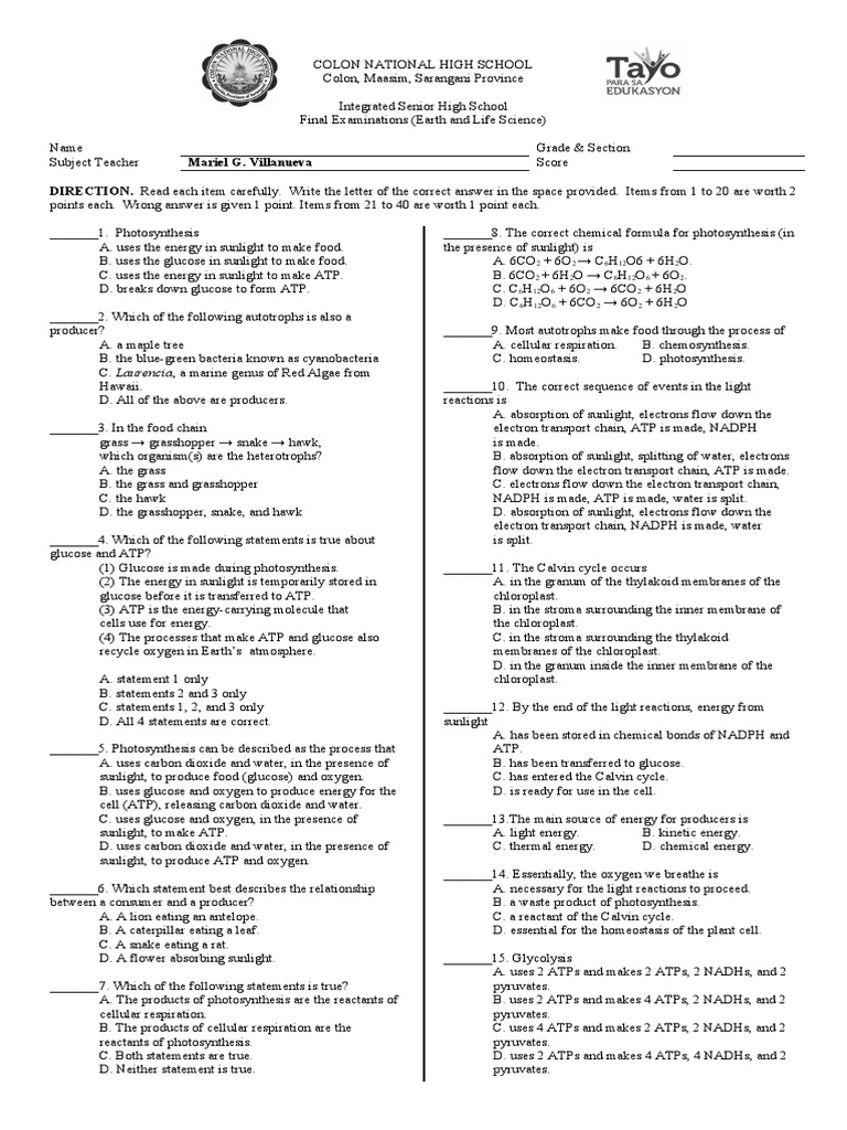 2nd Grading Earth and Life Science 2016-2017 | PDF | Photosynthesis ...